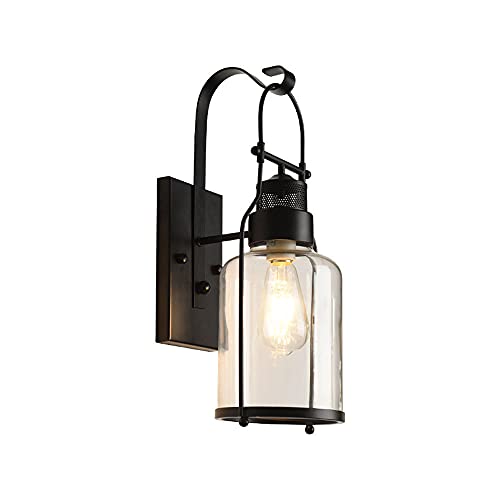 Bedroom wall lights, Wall Sconces, Simple Water Bottle Shape Simple Wall Mount Light Matte Black Iron Body Wall Lamp Transparent Glass lampshade Outdoor Sconce Light Compatible with The Commercial Are