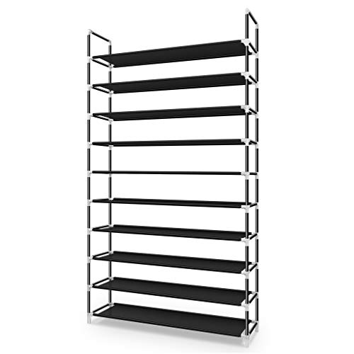 Awenia 10 Tiers Shoe Rack Organizer 60 Pairs,Adjustable Shoes Shelf Tower Metal Tall for Closet with Spare Parts,DIY Assembly, Black