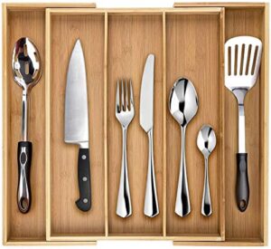 dynamic gear premium bamboo drawer organizer, silverware organizer, 100% pure bamboo, adjustable utensil organizer, kitchen drawer organizer, silverware tray for drawer (3-5 slots)