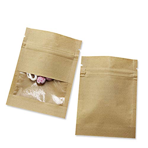 100 Pack (Inner Size 2.36x2.36inch) Clear Window Airtight Brown Kraft Paper for Zip Food Storage Lock Small Bags Reclosable Seal Zipper Resealable Heat Seal Pouch Coffee Packaging