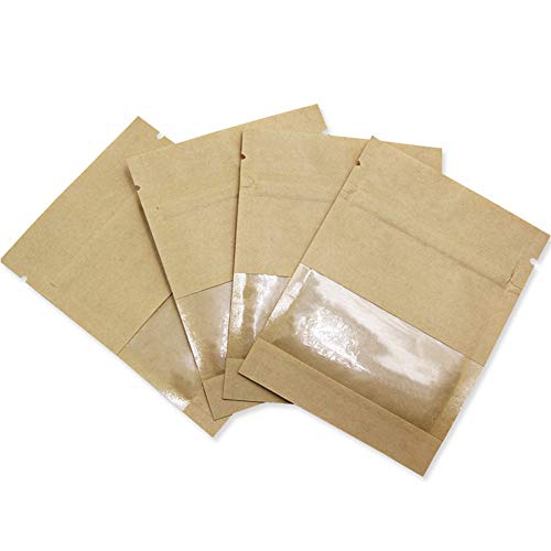 100 Pack (Inner Size 2.36x2.36inch) Clear Window Airtight Brown Kraft Paper for Zip Food Storage Lock Small Bags Reclosable Seal Zipper Resealable Heat Seal Pouch Coffee Packaging