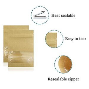 100 Pack (Inner Size 2.36x2.36inch) Clear Window Airtight Brown Kraft Paper for Zip Food Storage Lock Small Bags Reclosable Seal Zipper Resealable Heat Seal Pouch Coffee Packaging