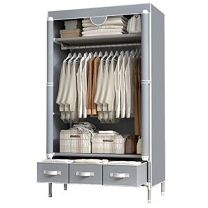 assica portable clothes closet rolling door wardrobe with hanging rack non-woven fabric storage organizer with three drawer boxes no-tool assembly - 35.4 x 17.7 x 67.0 ‘’ (gray)