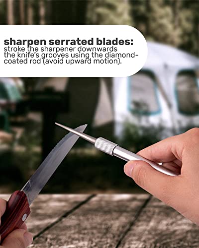 Wamery Serrated Knife Sharpener with Retractable Diamond Sharpening Rod. Repairs, Restores, Polishes Serrated or Straight Blade. Pocket Knife Sharpener