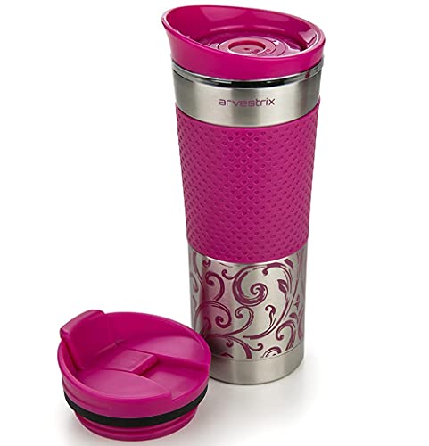 Arvestrix Travel Mug, Stainless Steel Thermal Mug, Vacuum Flask, Double Walled and Leakproof Tumbler, Coffee Mug for Hot and Cold Drinks with BPA Free Easy Clean Lid for Men and Women 16Oz (Pink)