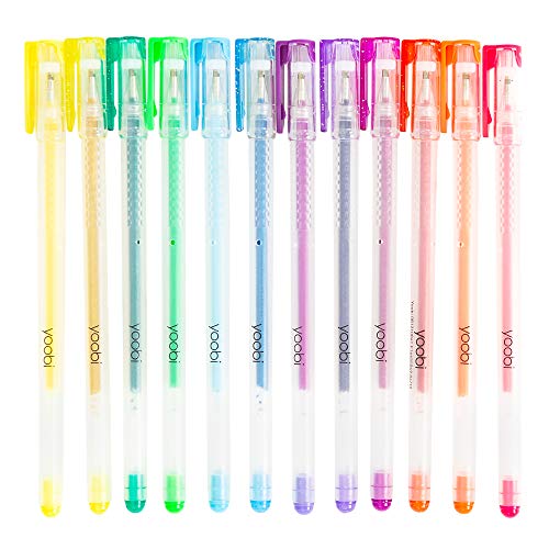 Yoobi Glitter Gel Pens 12-Pack | 12 Awesomely Bright Colors | No-Slip Grip | 1.0mm Medium Tip