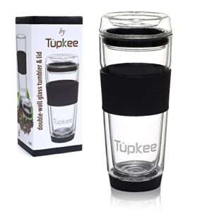 tupkee double wall glass tumbler - 14-ounce, all glass reusable insulated tea/coffee mug & lid, hand blown glass travel mug - black