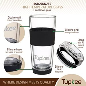 Tupkee Double Wall Glass Tumbler - 14-Ounce, All Glass Reusable Insulated Tea/Coffee Mug & Lid, Hand Blown Glass Travel Mug - Black