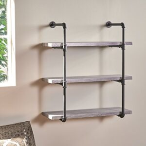 Christopher Knight Home Caden Industrial Three Tier Faux Wood Wall-Mounted Shelf, Finish, Light Gray + Texture Black