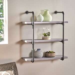 Christopher Knight Home Caden Industrial Three Tier Faux Wood Wall-Mounted Shelf, Finish, Light Gray + Texture Black