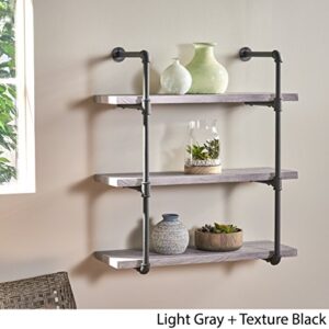 Christopher Knight Home Caden Industrial Three Tier Faux Wood Wall-Mounted Shelf, Finish, Light Gray + Texture Black