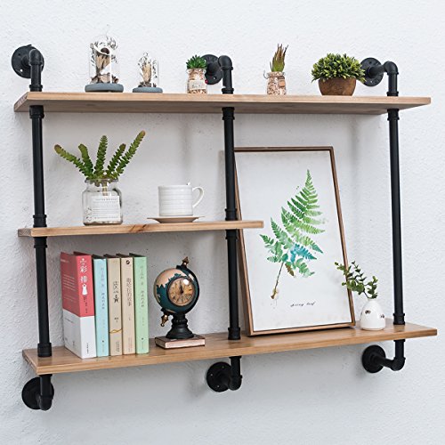 Industrial Pipe Shelf with Wood 43.3in,Rustic Wall Mount Shelf 3-Tiers,Metal Hung Bracket Bookshelf,DIY Storage Shelving Floating Shelves