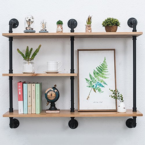 Industrial Pipe Shelf with Wood 43.3in,Rustic Wall Mount Shelf 3-Tiers,Metal Hung Bracket Bookshelf,DIY Storage Shelving Floating Shelves