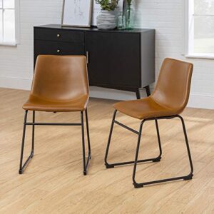 Walker Edison Douglas Urban Industrial Faux Leather Armless Dining Chairs, Set of 2, Whiskey Brown