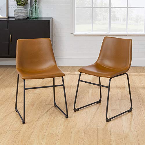 Walker Edison Douglas Urban Industrial Faux Leather Armless Dining Chairs, Set of 2, Whiskey Brown