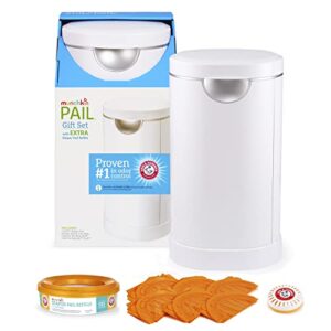 munchkin® diaper pail baby registry starter set, powered by arm and hammer, includes 1 month refill supply and baking soda puck