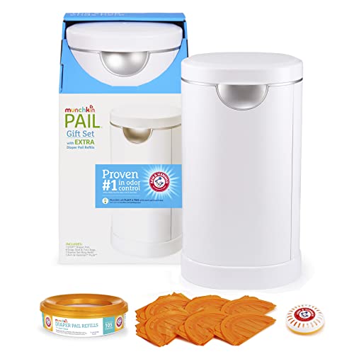 Munchkin® Diaper Pail Baby Registry Starter Set, Powered by Arm and Hammer, Includes 1 Month Refill Supply and Baking Soda Puck