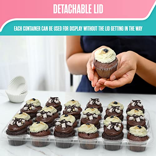 Cupcake Boxes 24 Count, Cup Cake Containers, Travel Carrier, 5 Pack (120 Compartment), Full Size, Tall Dome, Clear, PET Plastic, Disposable, Tray With Lid, Cupcakes Transport Holder, Houseables