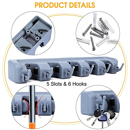 Feir Mop Broom Holder Wall Mounted Kitchen Hanging Garage Utility Tool Organizers and Storage Rack For Commercial Bathroom Laundry Room Closet Gardening (Grey)