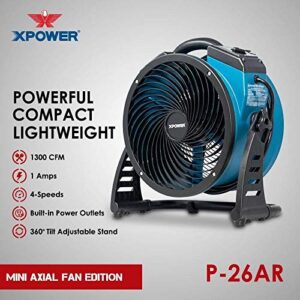 XPOWER P-26AR Industrial Axial Air Mover, Blower, Fan with Build-in Power Outlets for Water Damage Restoration, Home and Plumbing Use - 1 Amp, 1300 CFM, 4 Speeds , Blue