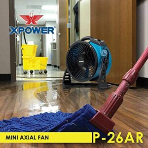 XPOWER P-26AR Industrial Axial Air Mover, Blower, Fan with Build-in Power Outlets for Water Damage Restoration, Home and Plumbing Use - 1 Amp, 1300 CFM, 4 Speeds , Blue