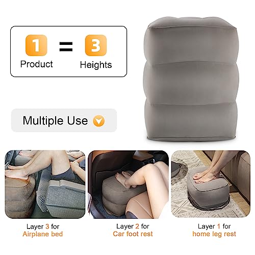 Inflatable Travel Foot Rest Pillow, Kids Airplane Bed, Adjustable Height Leg Pillow for Air Travel, Make a Flat Bed for Kids and Toddlers, Great for Airplane, Train, car（Grey, 1 Pack）