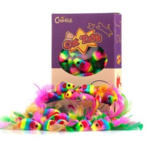 chiwava 24pcs 5" rattle cat toys mice with feather rainbow rope mouse kitten interactive toy assorted color