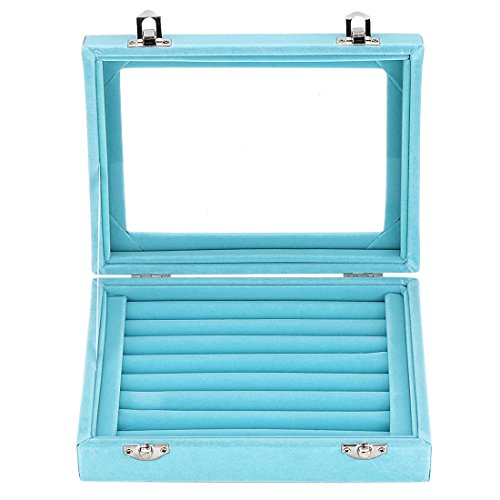 GSLSTGS Velvet Glass Jewelry Display Storage Box Ring Earrings Jewelry Box Ring Holder Case, 2 clasps (Light Blue)