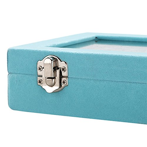 GSLSTGS Velvet Glass Jewelry Display Storage Box Ring Earrings Jewelry Box Ring Holder Case, 2 clasps (Light Blue)