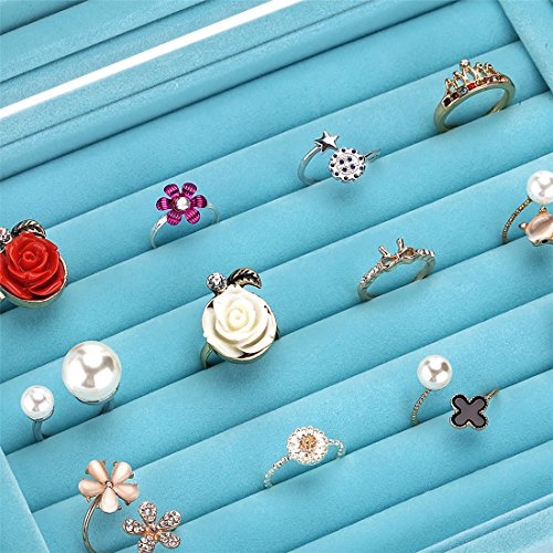 GSLSTGS Velvet Glass Jewelry Display Storage Box Ring Earrings Jewelry Box Ring Holder Case, 2 clasps (Light Blue)