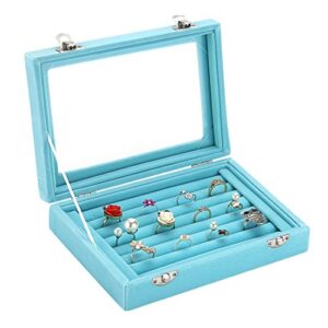 GSLSTGS Velvet Glass Jewelry Display Storage Box Ring Earrings Jewelry Box Ring Holder Case, 2 clasps (Light Blue)