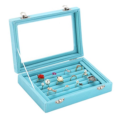 GSLSTGS Velvet Glass Jewelry Display Storage Box Ring Earrings Jewelry Box Ring Holder Case, 2 clasps (Light Blue)