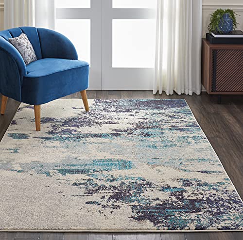 Nourison Celestial Modern Abstract Ivory/Teal Blue 5'3" x 7'3" Area-Rug, Easy-Cleaning, Non Shedding, Bed Room, Living Room, Dining Room, Kitchen (5x7)