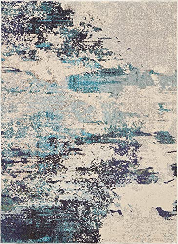 Nourison Celestial Modern Abstract Ivory/Teal Blue 5'3" x 7'3" Area-Rug, Easy-Cleaning, Non Shedding, Bed Room, Living Room, Dining Room, Kitchen (5x7)