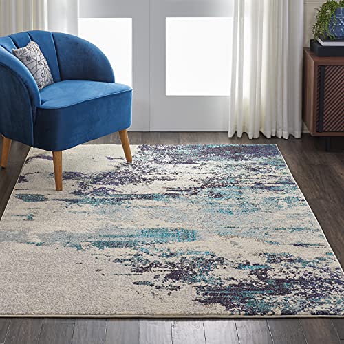 Nourison Celestial Modern Abstract Ivory/Teal Blue 5'3" x 7'3" Area-Rug, Easy-Cleaning, Non Shedding, Bed Room, Living Room, Dining Room, Kitchen (5x7)