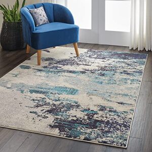 Nourison Celestial Modern Abstract Ivory/Teal Blue 5'3" x 7'3" Area-Rug, Easy-Cleaning, Non Shedding, Bed Room, Living Room, Dining Room, Kitchen (5x7)