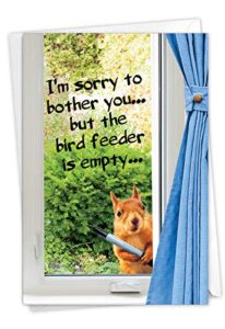 nobleworks - 1 happy birthday card with funny animals - wildlife and pet humor, fun birthday celebration notecard - empty bird feeder c2561bdg