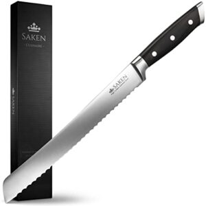 saken serrated bread knife 10 inch - high-carbon german steel serrated knife with ergonomic black pakkawood handle and full-tang design - long bread knife slicer great for sourdough