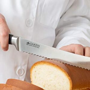 Saken Serrated Bread Knife 10 Inch - High-Carbon German Steel Serrated Knife with Ergonomic Black Pakkawood Handle and Full-Tang Design - Long Bread Knife Slicer Great for sourdough