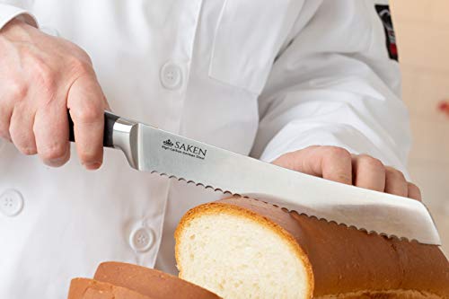 Saken Serrated Bread Knife 10 Inch - High-Carbon German Steel Serrated Knife with Ergonomic Black Pakkawood Handle and Full-Tang Design - Long Bread Knife Slicer Great for sourdough