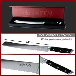 Saken Serrated Bread Knife 10 Inch - High-Carbon German Steel Serrated Knife with Ergonomic Black Pakkawood Handle and Full-Tang Design - Long Bread Knife Slicer Great for sourdough