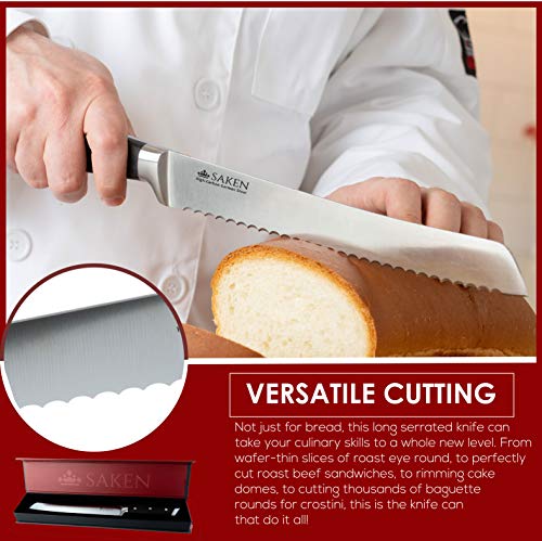 Saken Serrated Bread Knife 10 Inch - High-Carbon German Steel Serrated Knife with Ergonomic Black Pakkawood Handle and Full-Tang Design - Long Bread Knife Slicer Great for sourdough