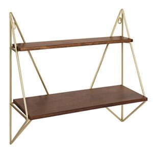 kate and laurel melita decorative mid-century modern two-tier floating wall shelf with gold frame and solid wood, walnut finish