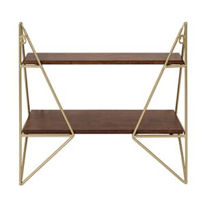 Kate and Laurel Melita Decorative Mid-Century Modern Two-Tier Floating Wall Shelf with Gold Frame and Solid Wood, Walnut Finish