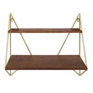 Kate and Laurel Melita Decorative Mid-Century Modern Two-Tier Floating Wall Shelf with Gold Frame and Solid Wood, Walnut Finish