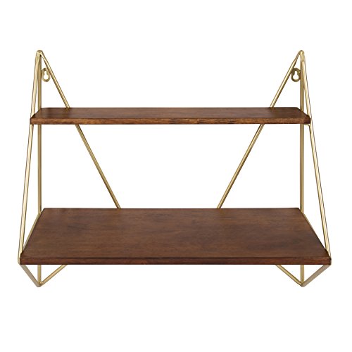 Kate and Laurel Melita Decorative Mid-Century Modern Two-Tier Floating Wall Shelf with Gold Frame and Solid Wood, Walnut Finish