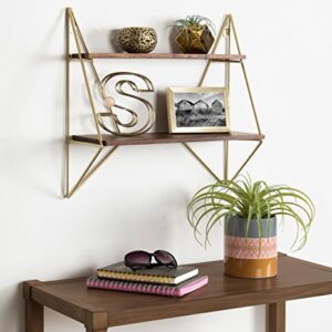 Kate and Laurel Melita Decorative Mid-Century Modern Two-Tier Floating Wall Shelf with Gold Frame and Solid Wood, Walnut Finish