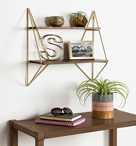 Kate and Laurel Melita Decorative Mid-Century Modern Two-Tier Floating Wall Shelf with Gold Frame and Solid Wood, Walnut Finish