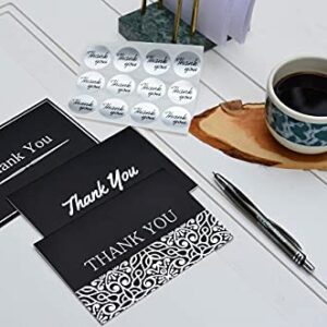 120 Elegant Thank You Cards in Black with Matching Black Envelopes and Sealing Stickers - Thick Quality Cardstock 6 Designs Bulk Notes Embossed with Silver Foil Letters, 4x6 Inches Folded