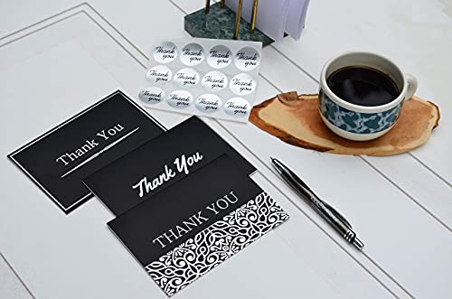 120 Elegant Thank You Cards in Black with Matching Black Envelopes and Sealing Stickers - Thick Quality Cardstock 6 Designs Bulk Notes Embossed with Silver Foil Letters, 4x6 Inches Folded